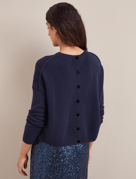 Lainey Boxy Back Button Detail Cashmere Jumper in Navy