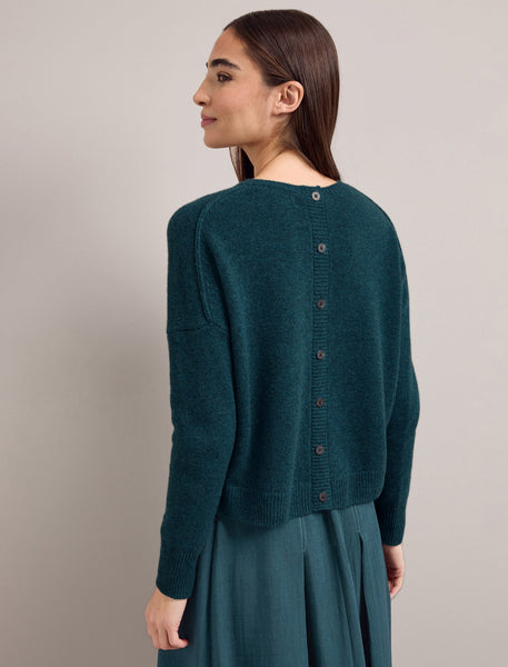 Lainey Boxy Back Button Detail Cashmere Jumper - Petrol Blue