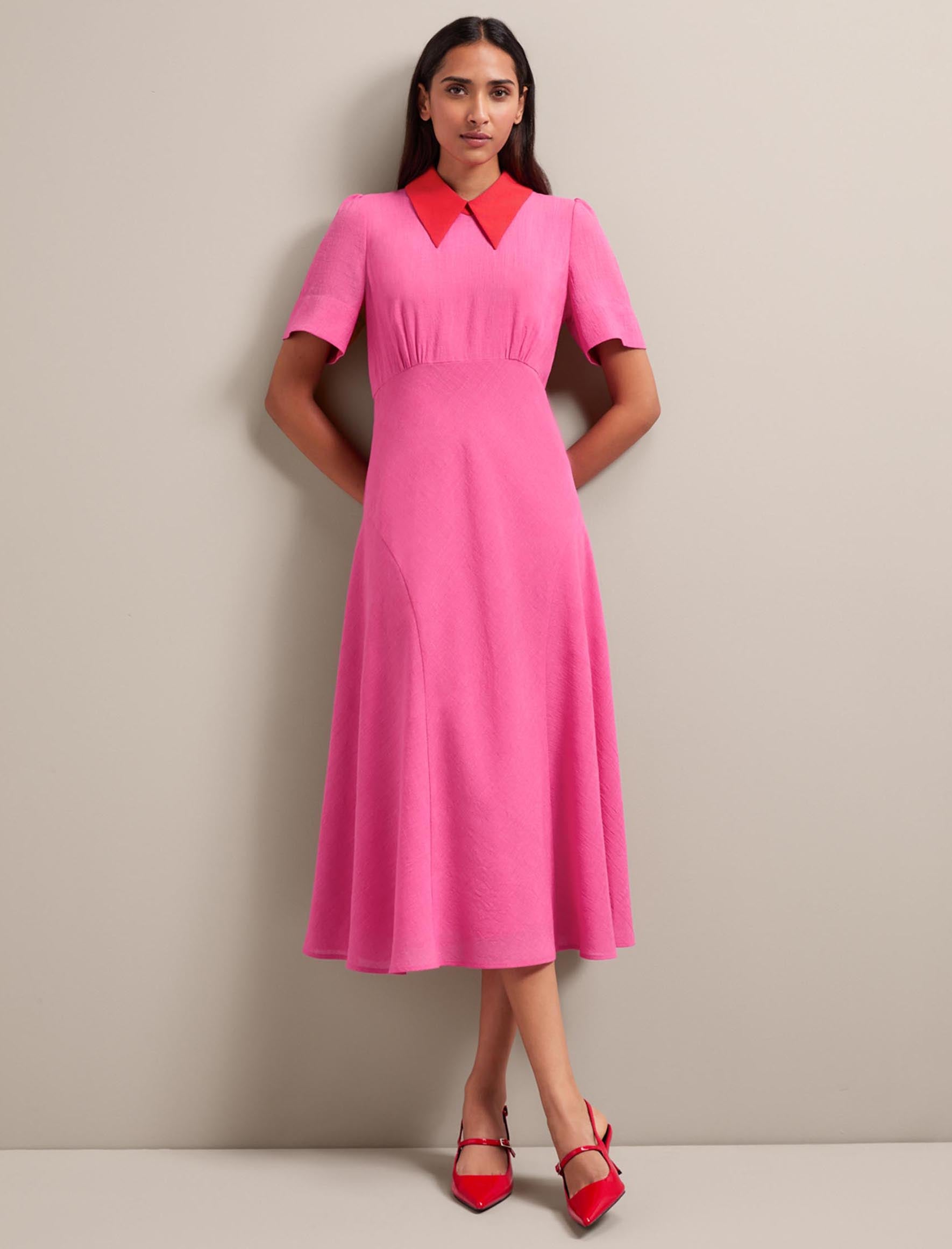 Lydia Techni Voile Collared Midi Dress with Godet Detail - Hot Pink Crimson