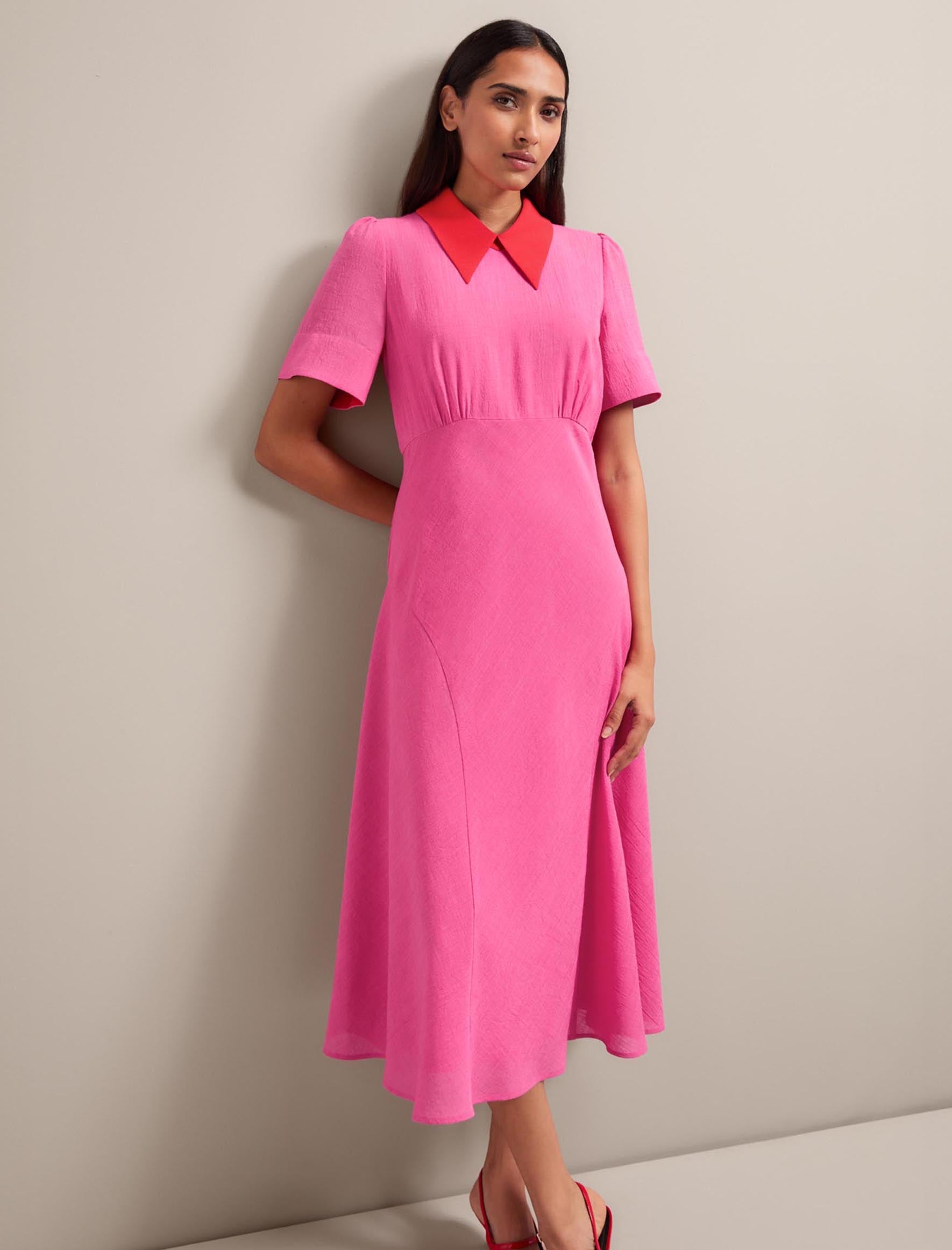 Lydia Techni Voile Collared Midi Dress with Godet Detail - Hot Pink Crimson