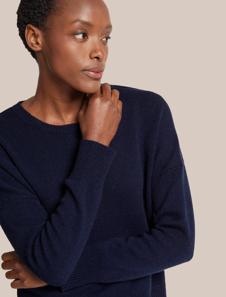 Lainey Boxy Back Button Detail Cashmere Jumper in Navy