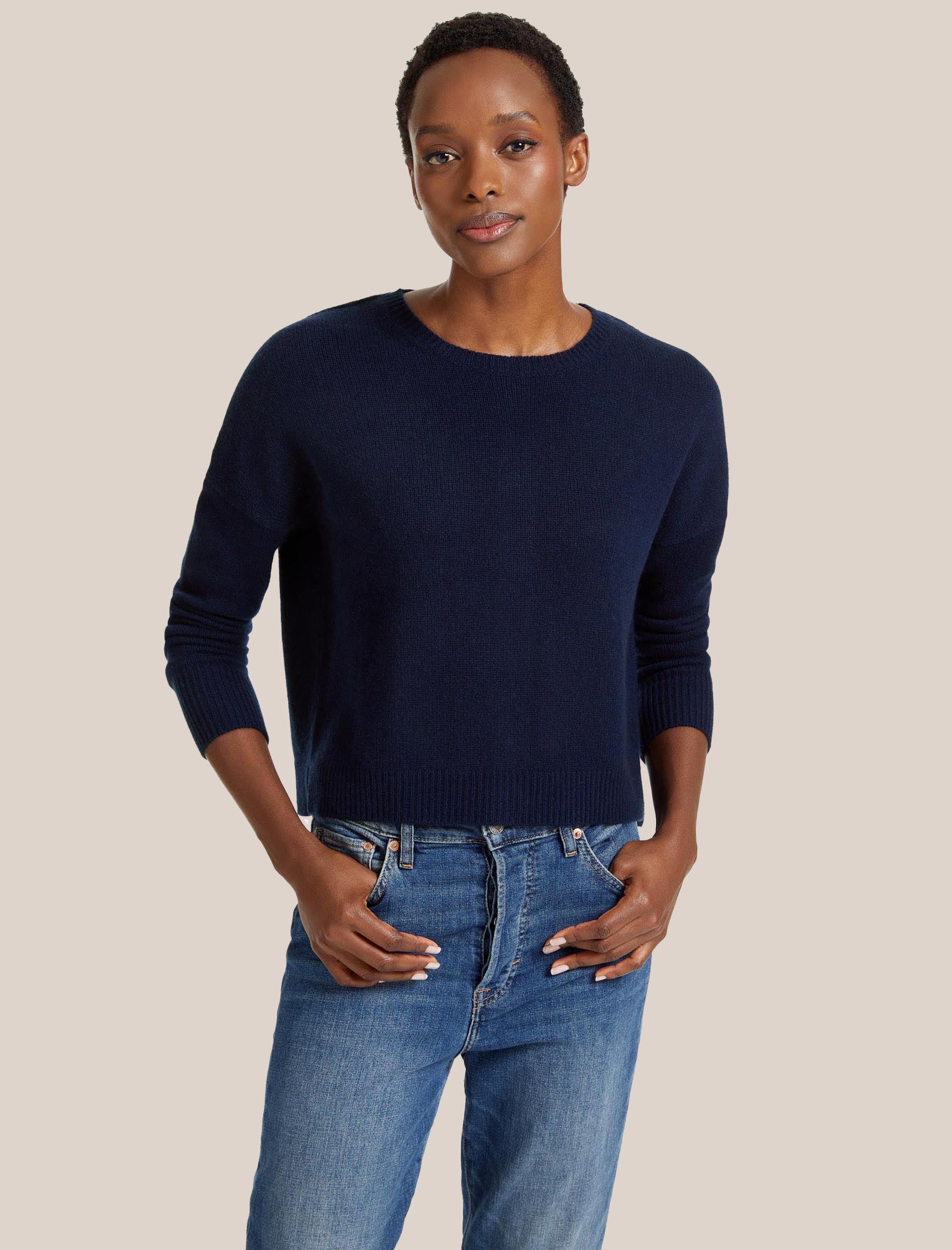 Lainey Boxy Back Button Detail Cashmere Jumper in Navy