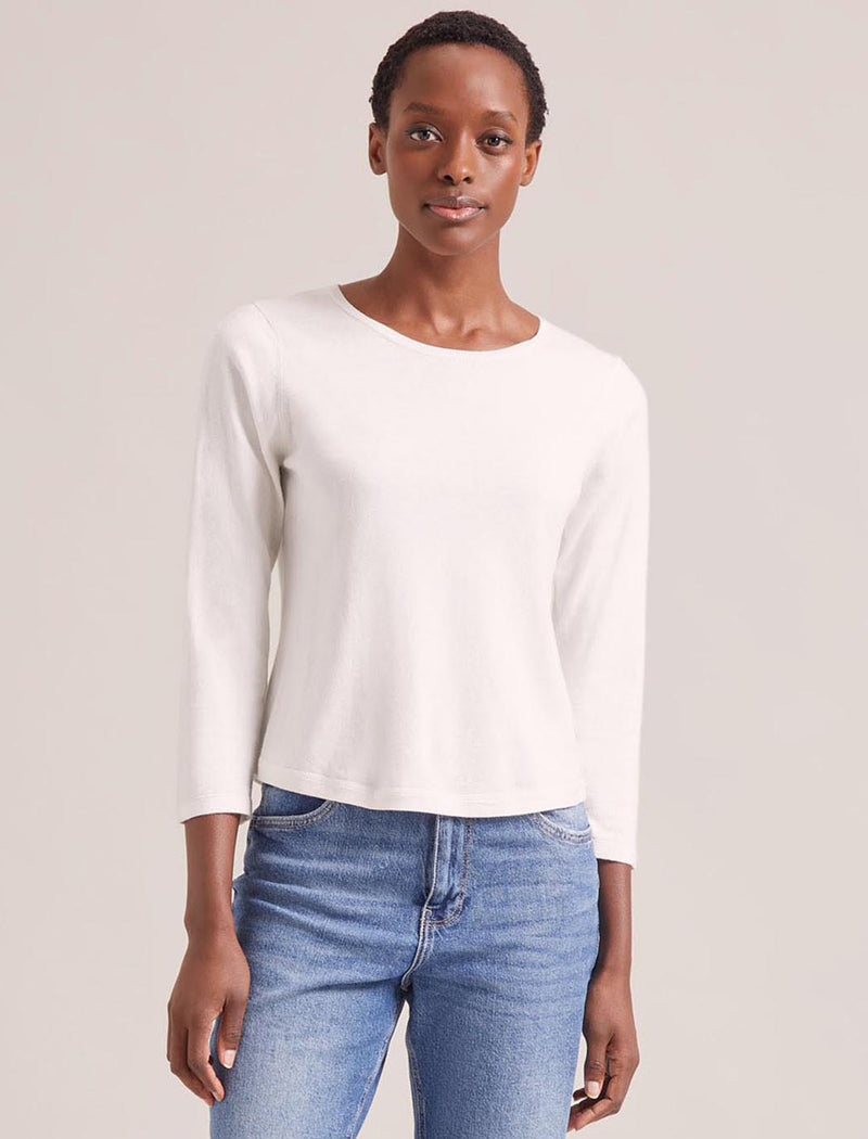 Maia Cotton Silk Fine Knit Round Neck 3/4 Length Sleeve T-shirt - White