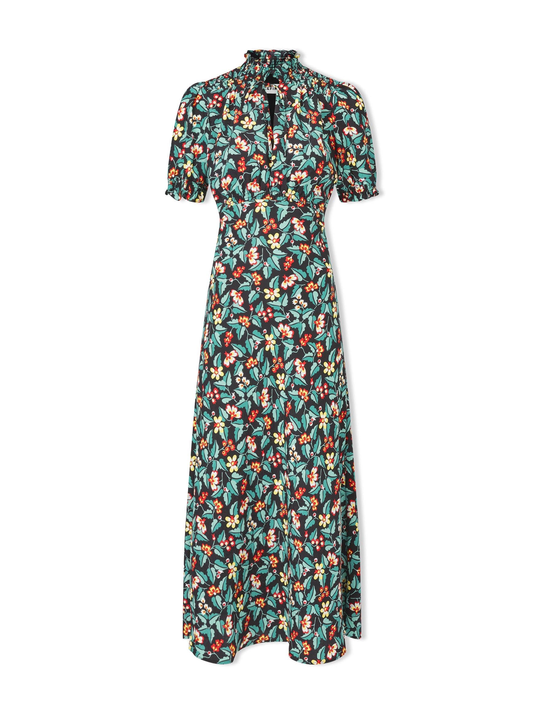 Irina Floral Print Shirred Detail Bias Cut Maxi Dress Black Tropical