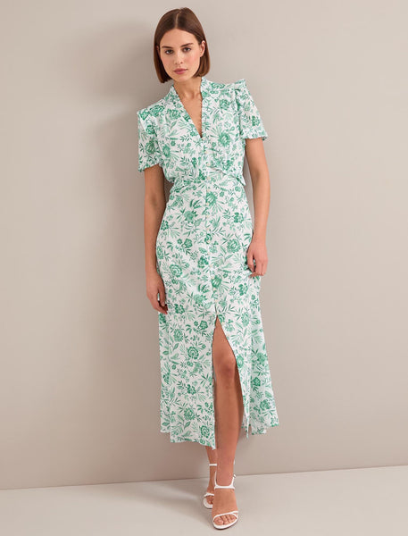 Liliana Floral Print Frill Detail Maxi Dress - Green Palm Floral Print