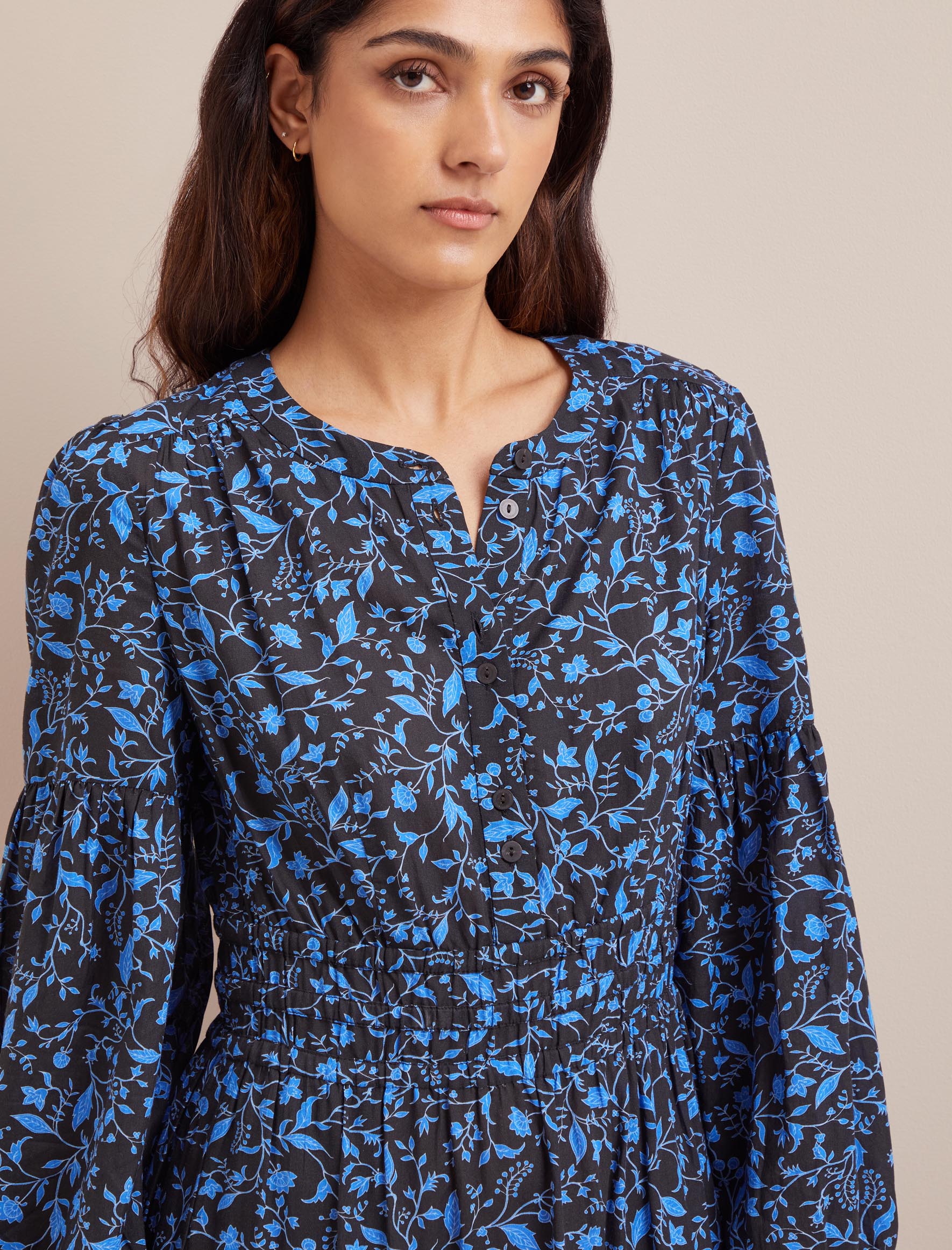 Marianne Cotton Voile Gathered Blouson Sleeve Maxi Shirt Dress - Blue ...