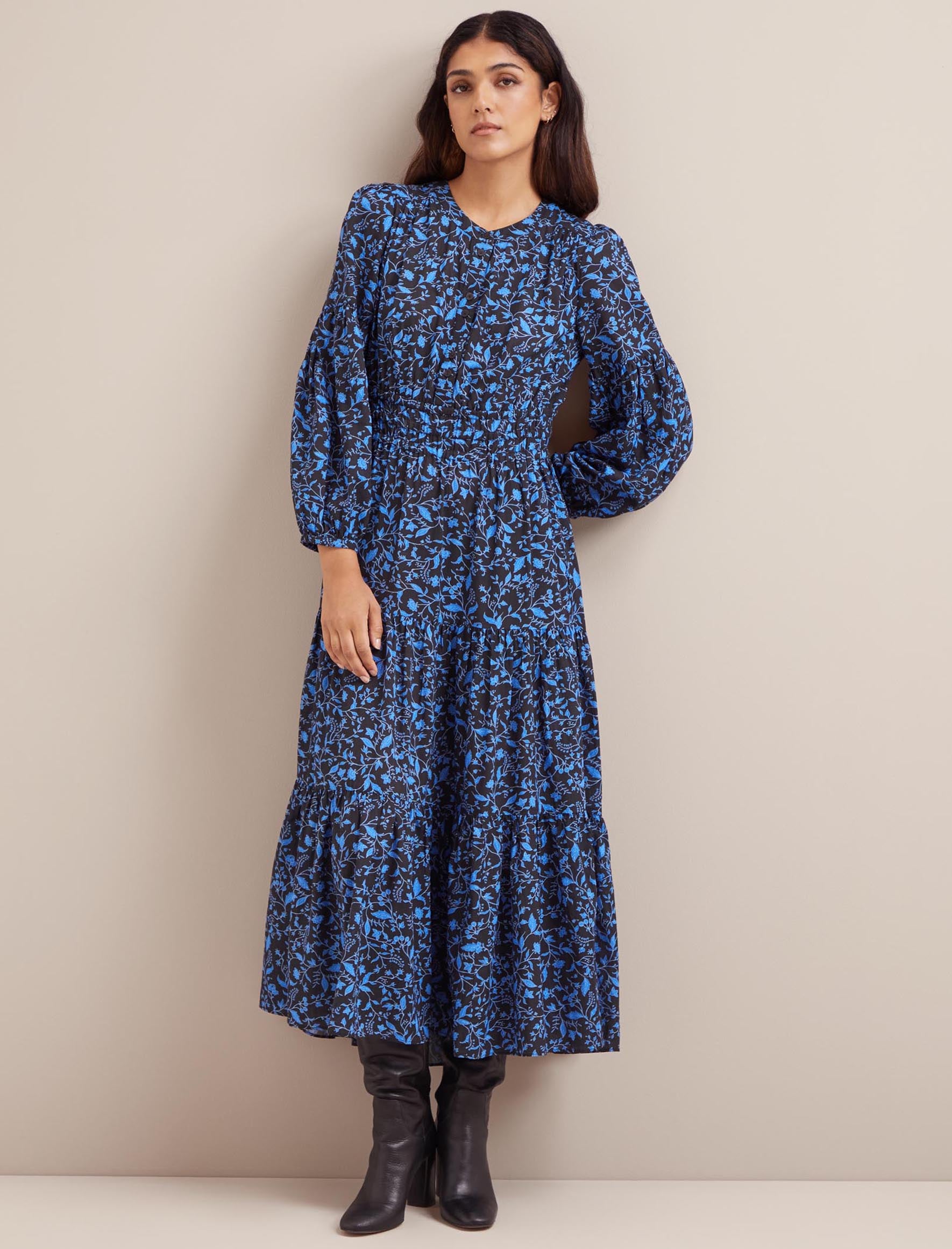 Marianne Cotton Voile Gathered Blouson Sleeve Maxi Shirt Dress - Blue ...
