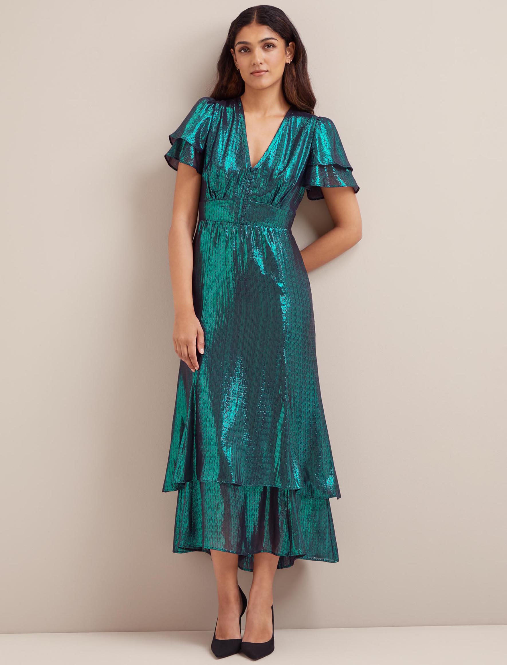 Lotta Metallic V Neck Maxi Dress - Dark Green