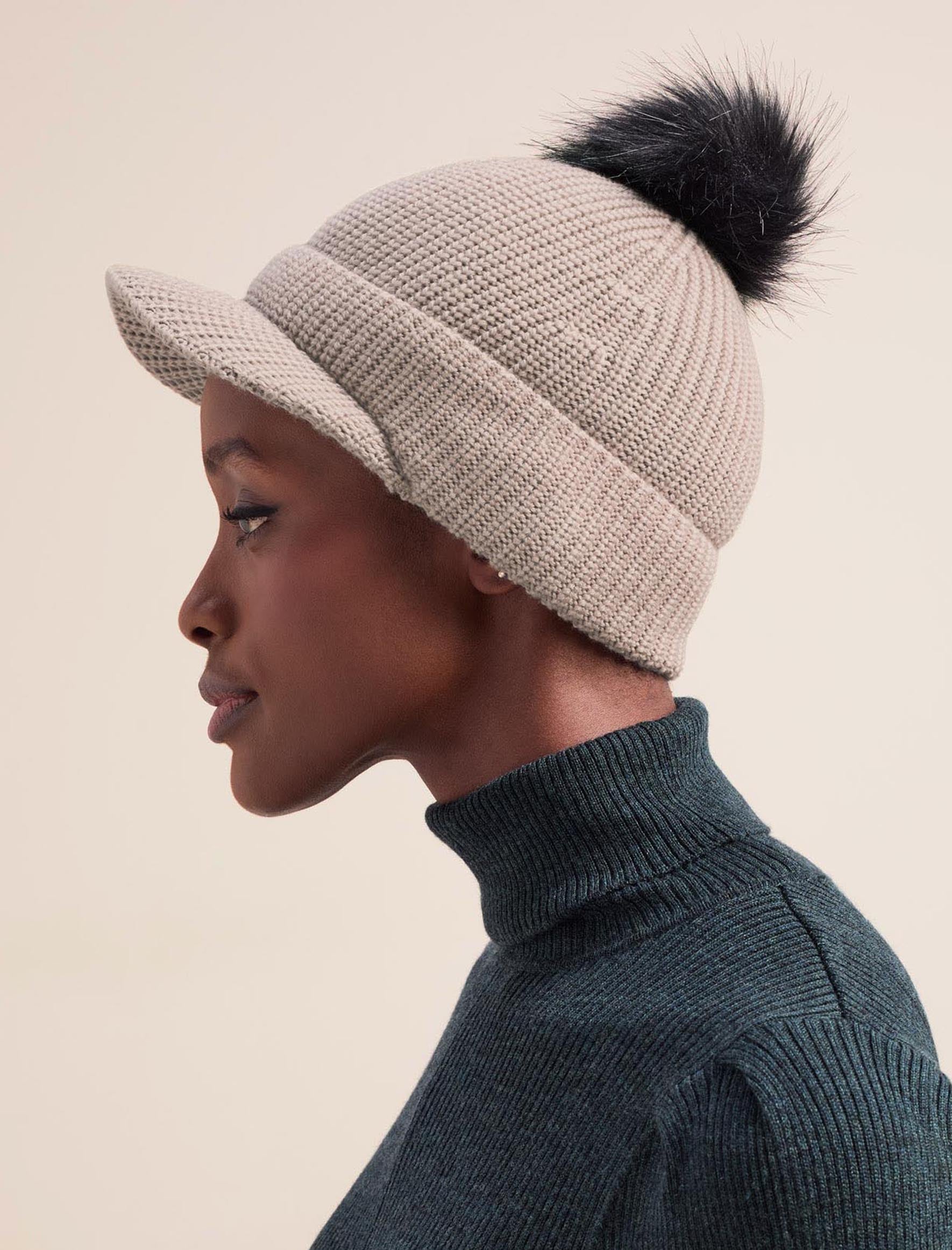 Beata Merino 100% Wool Cap Style Beanie Hat In Oatmeal With Pom Pom Detail