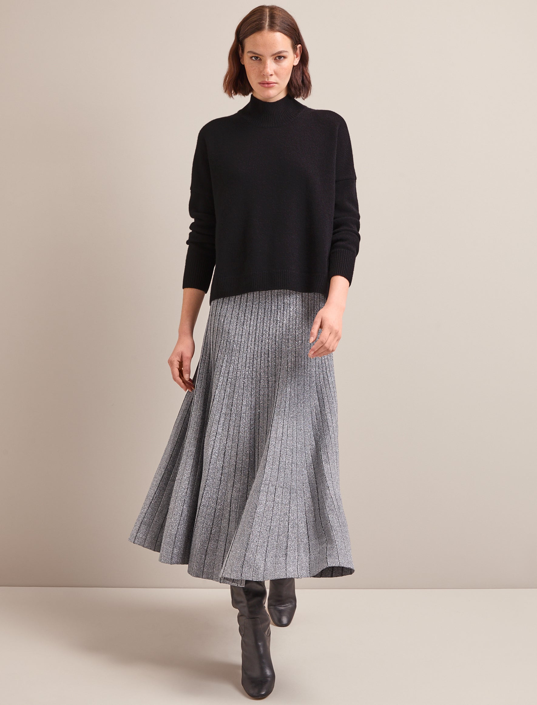 Colette Metallic Pleated Knit Midi Skirt - Silver